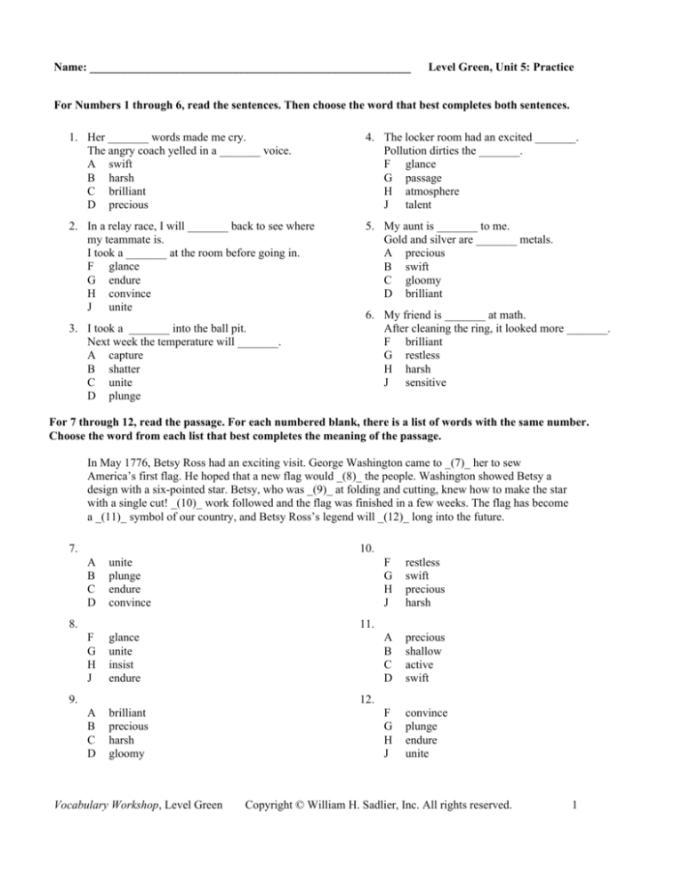 Name Level Green Unit 5 Practice Vocabulary Workshop Level Name Level Green Unit 5 Practice Vocabulary Workshop Level