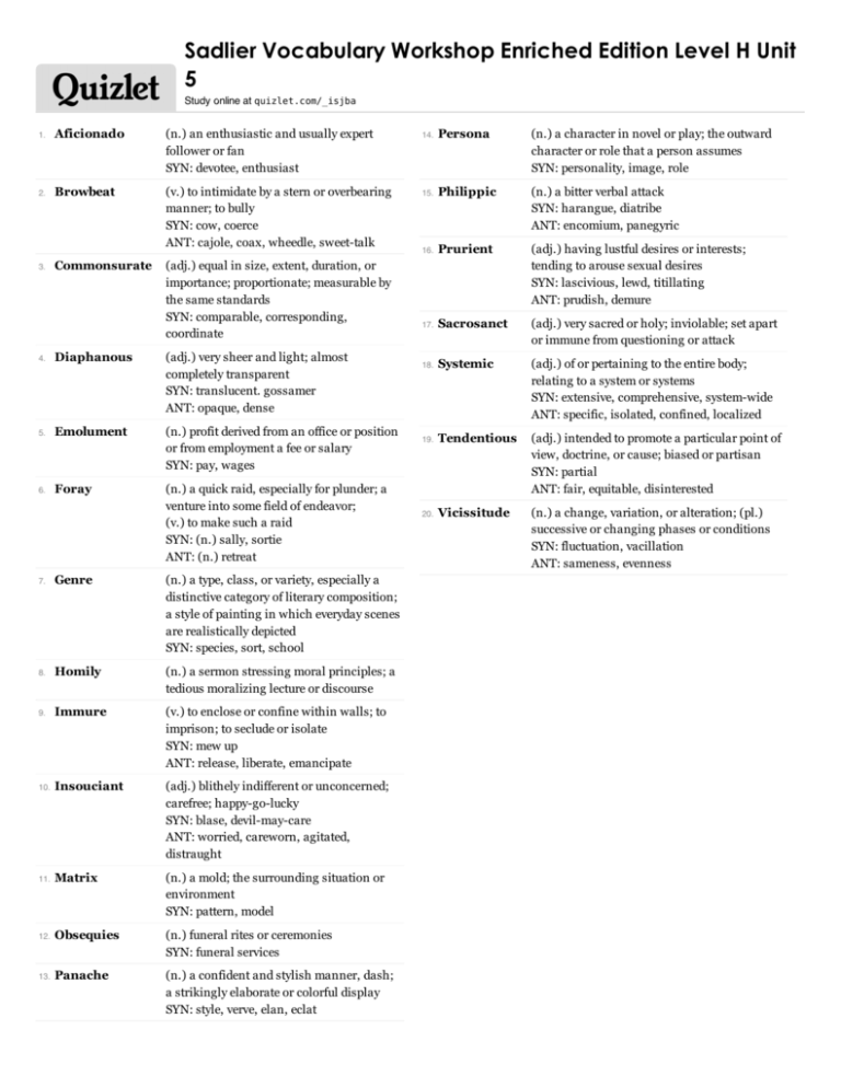 Print Sadlier Vocabulary Workshop Enriched Edition Level H Unit 5