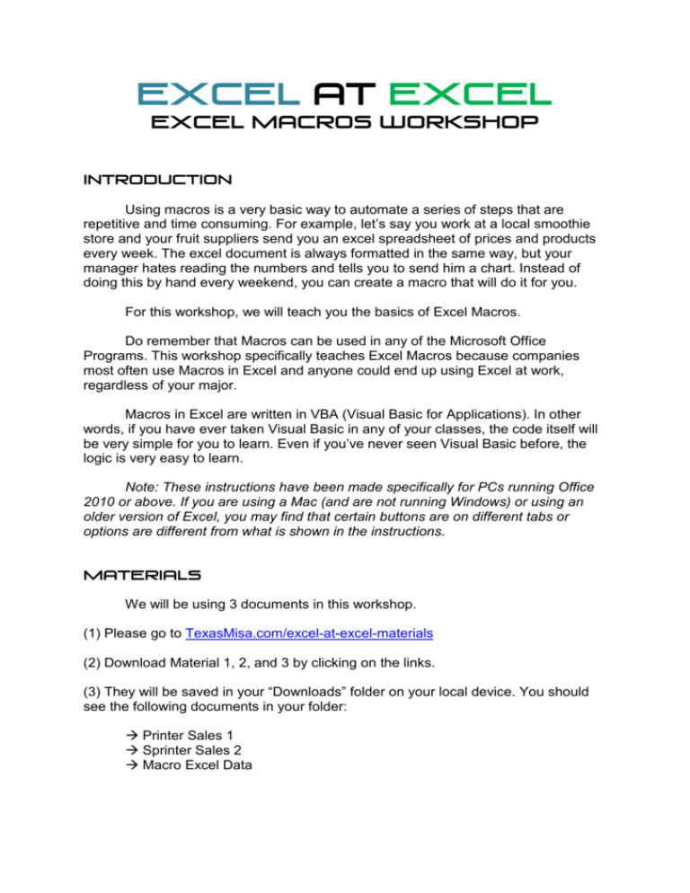 Excel at Excel Workshop Manual