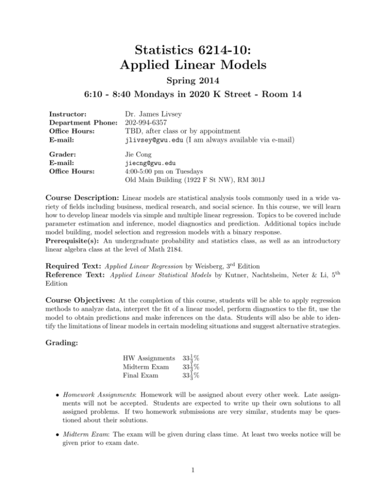 Statistics 6214 10 Applied Linear Models