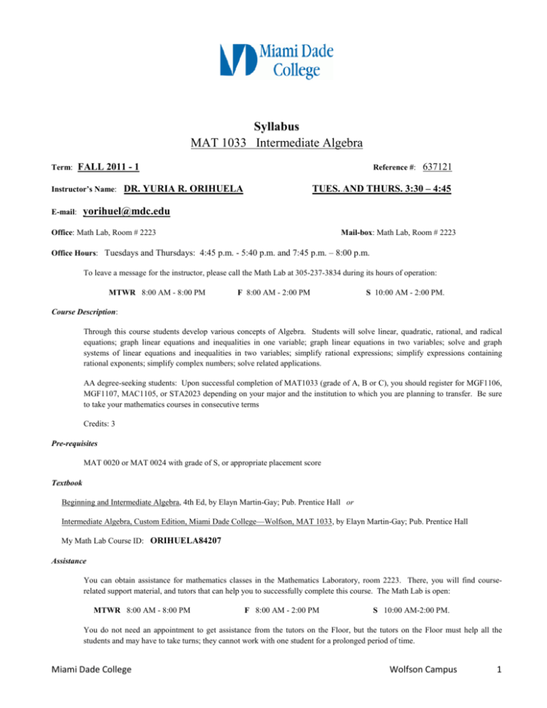 Syllabus MAT 1033 Intermediate Algebra