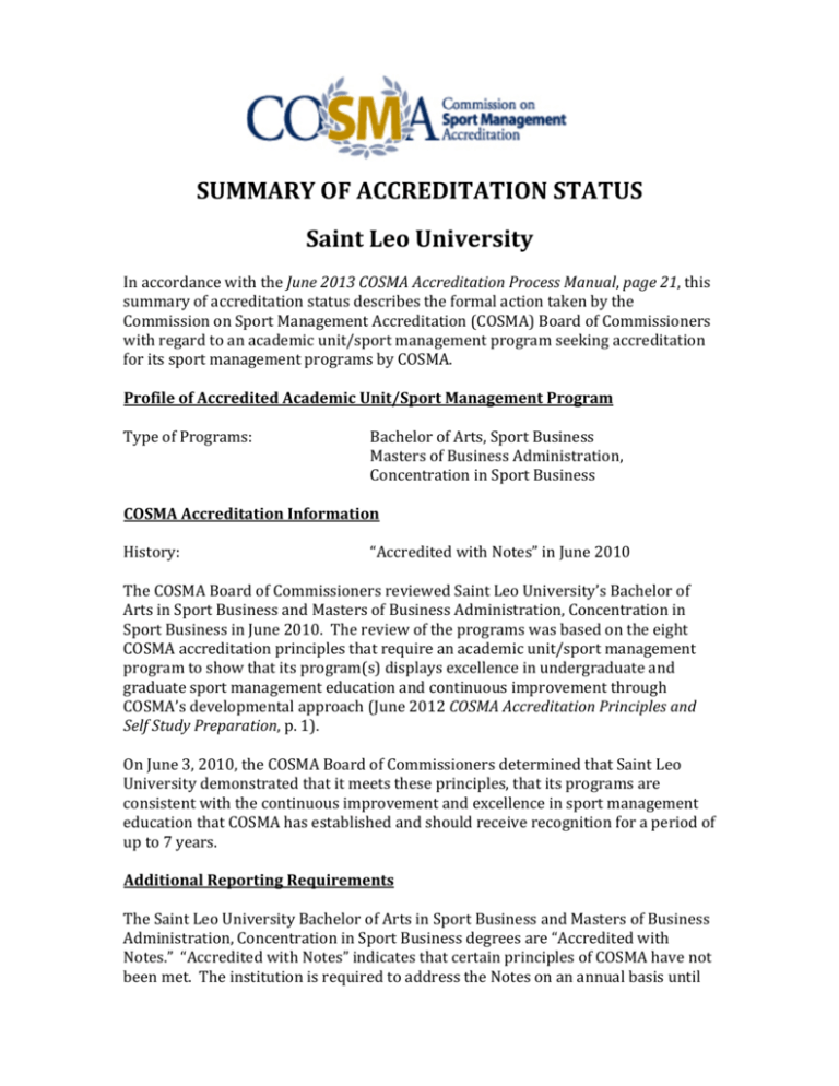 SUMMARY OF ACCREDITATION STATUS Saint Leo University