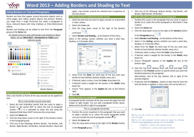 Word 2013 Adding Borders And Shading To Text