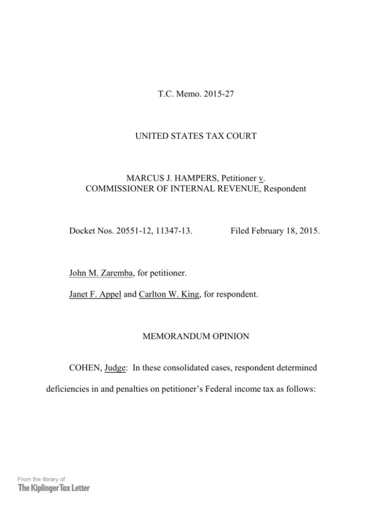 TC Memo 2015 27 UNITED STATES TAX COURT TC Memo 2015 27 UNITED STATES TAX COURT