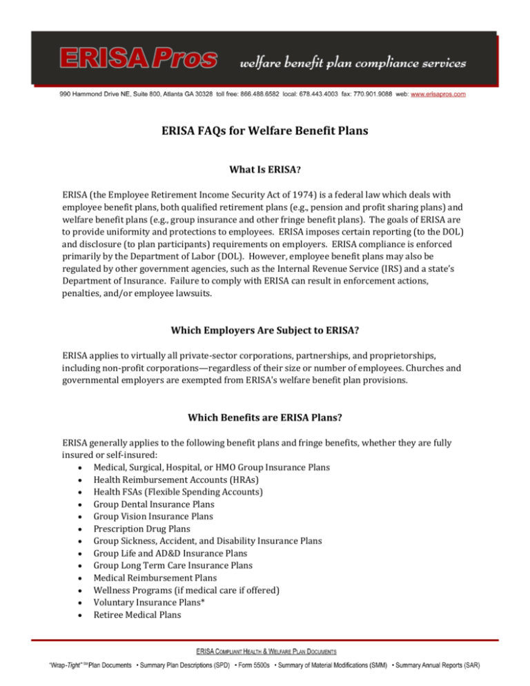 ERISA FAQs For Welfare Benefit Plans ERISA FAQs For Welfare Benefit Plans