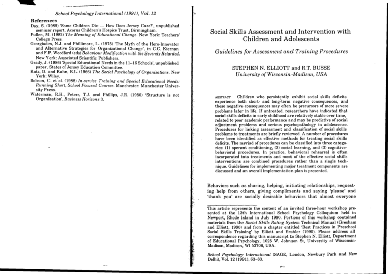 Social Skills Assessment And Intervention With Children