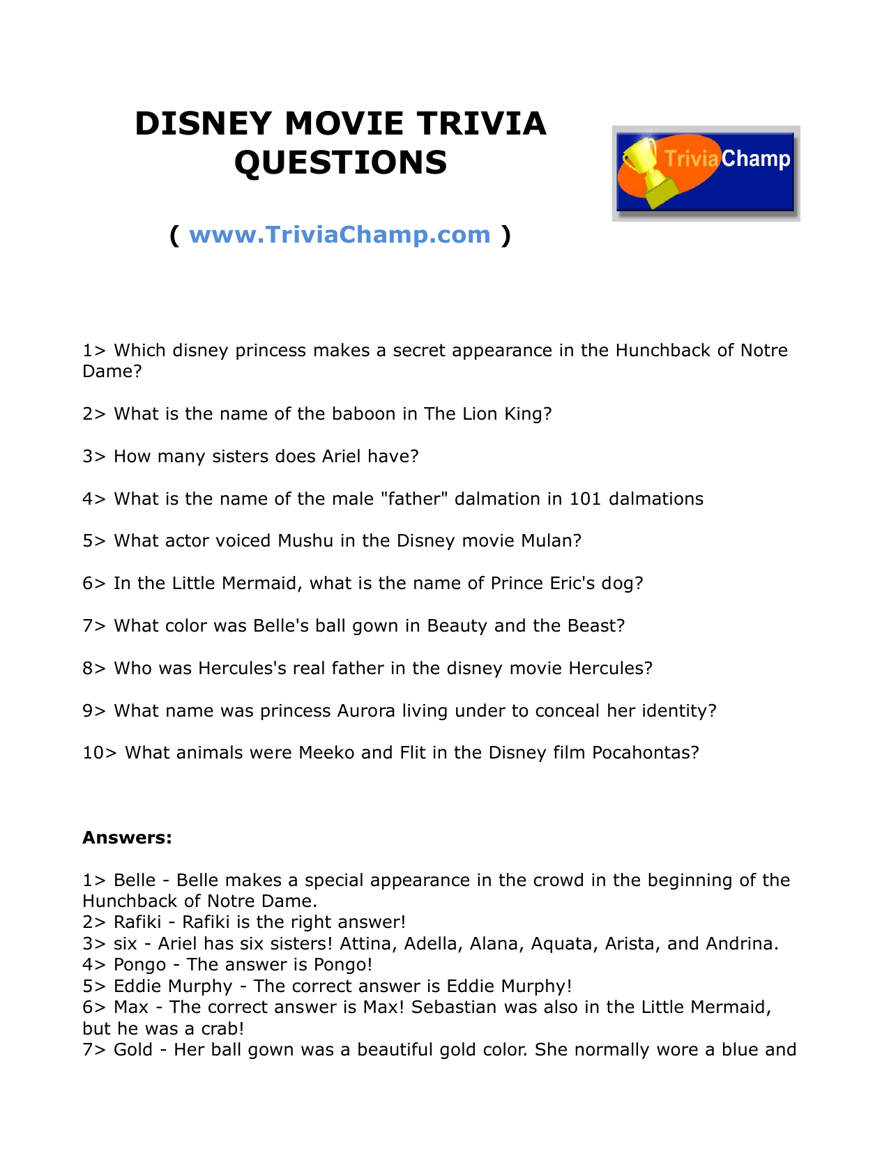 Disney Movie Trivia Questions Disney Movie Trivia Questions