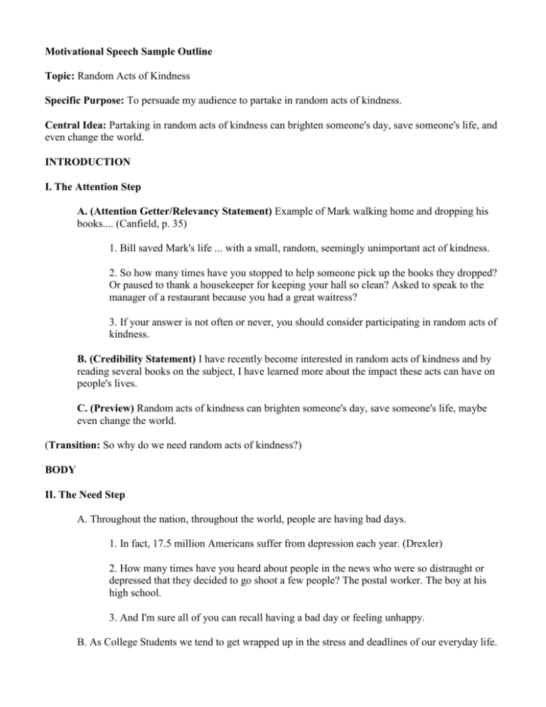 Motivational Speech Sample Outline Topic Random Acts Of Motivational Speech Sample Outline Topic Random Acts Of