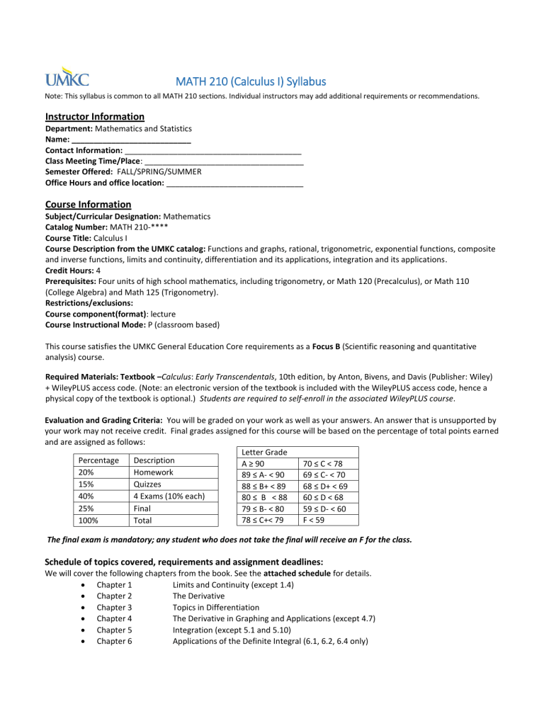 MATH 210 Calculus I Syllabus