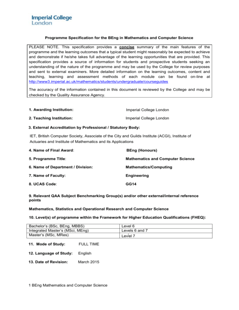 1 BEng Mathematics and Computer Science Programme 1 BEng Mathematics and Computer Science Programme