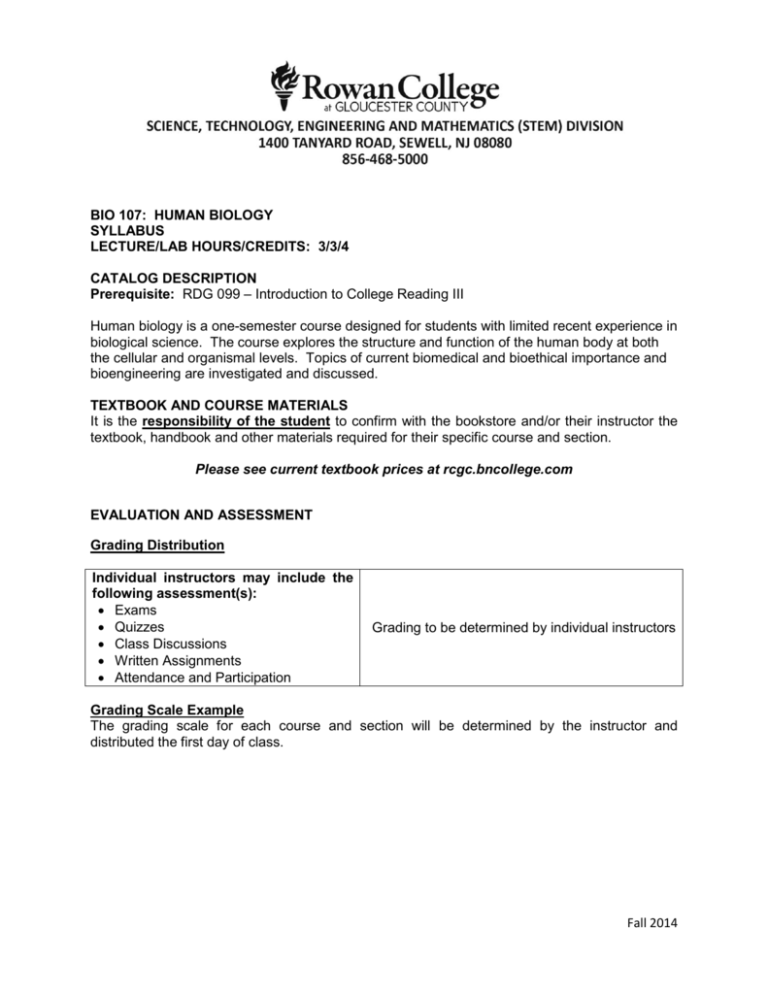 Fall 2014 BIO 107 HUMAN BIOLOGY SYLLABUS LECTURE LAB
