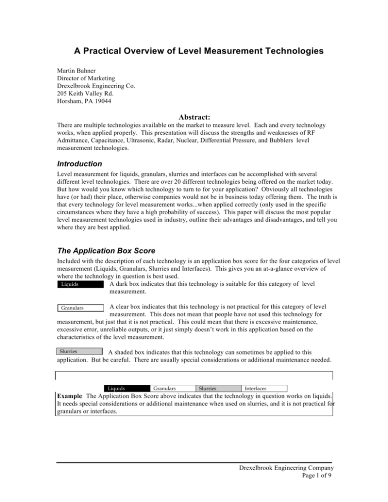A Practical Overview of Level Measurement Technologies