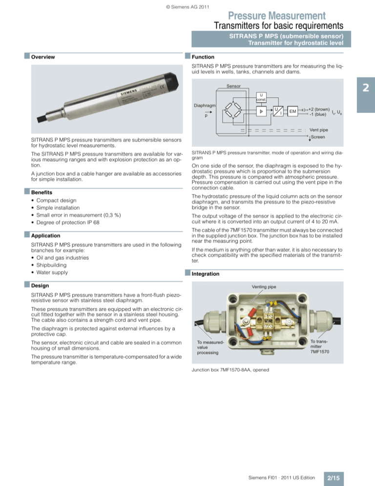 Pressure Transmitter for hydrostatic level with submersible sensor