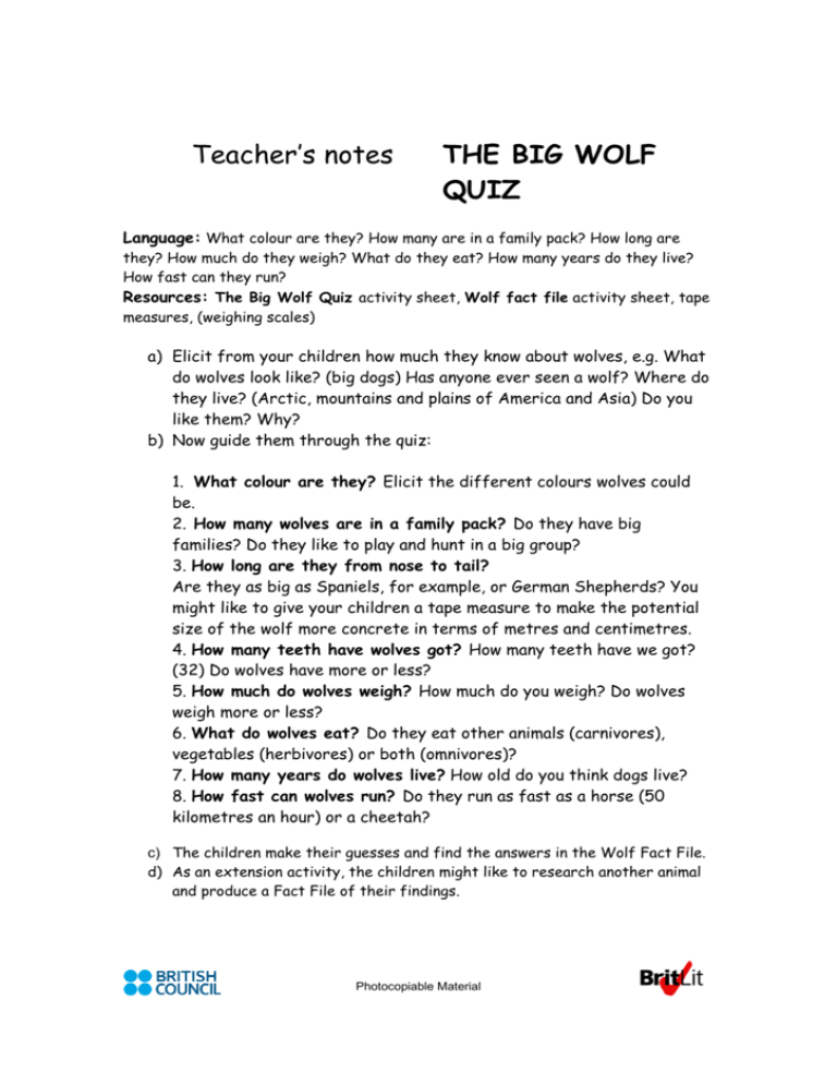 Teacher's notes THE BIG WOLF QUIZ