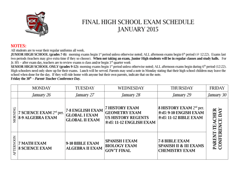 FINAL HIGH SCHOOL EXAM SCHEDULE JANUARY 2015