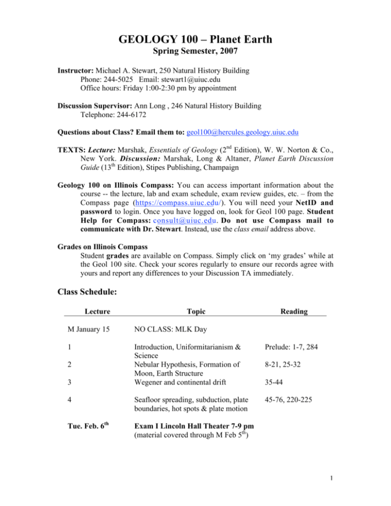 Geology 100: Planet Earth Course Syllabus, Spring 2007