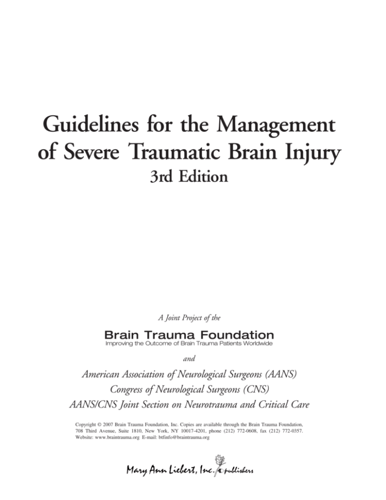 Guidelines for the Management of Severe Traumatic Brain Injury 3rd