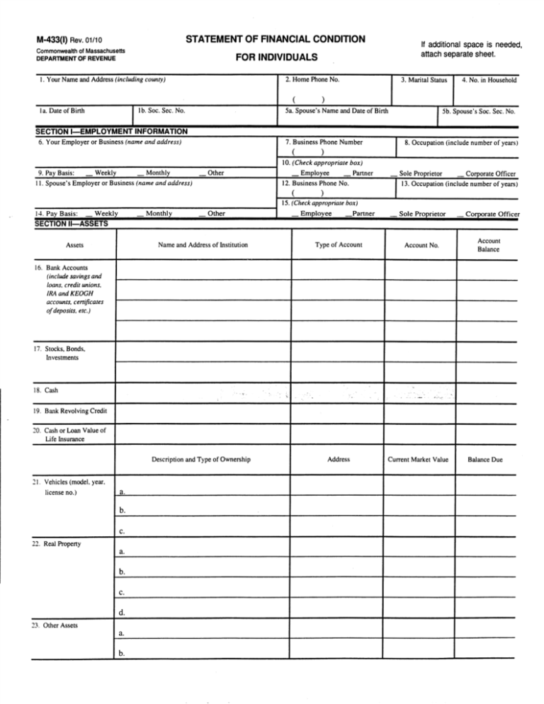 STATEMENT OF FINANCIAL CONDITION FOR INDIVIDUALS