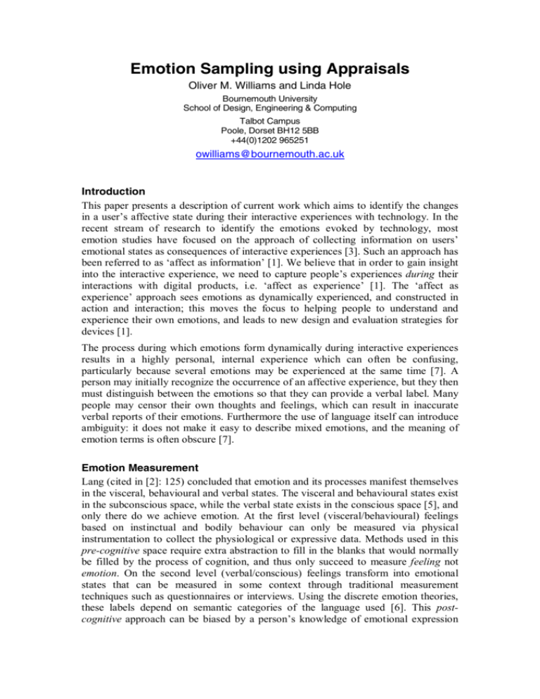 Emotion Sampling using Appraisals