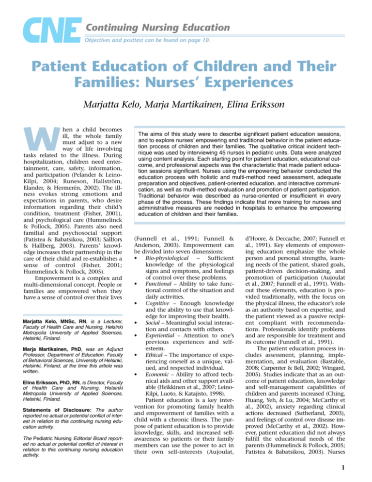 Patient Education for Children: Nurses' Experiences