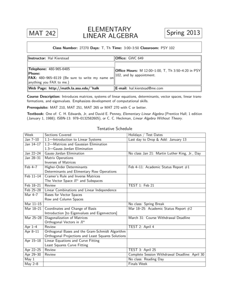 Elementary Linear Algebra Syllabus - ASU Spring 2013