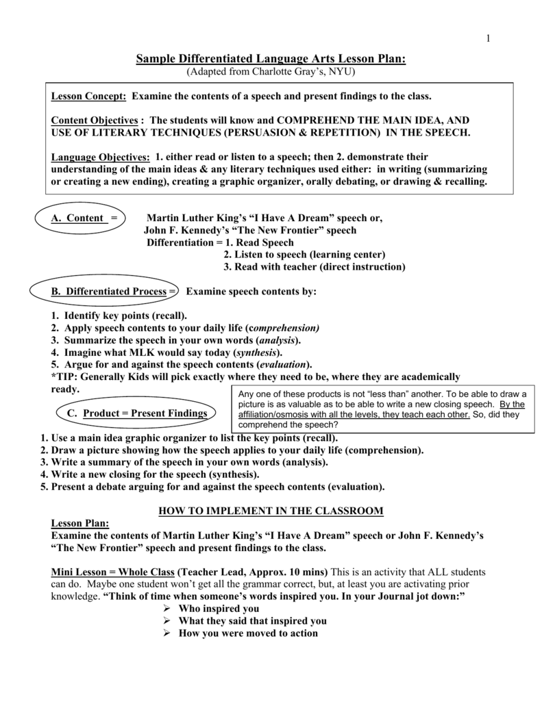 Sample Differentiated Language Arts Lesson Plan 