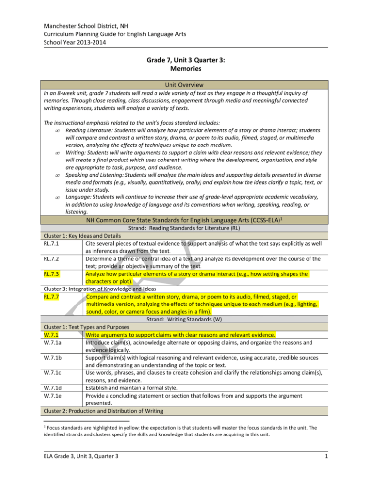 Manchester 7th Grade ELA Unit On Teaching Manchester 7th Grade ELA Unit On Teaching