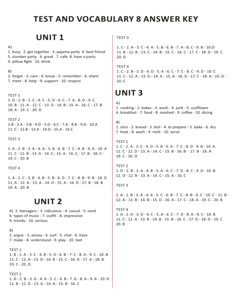 TEST AND VOCABULARY 8 ANSWER KEY UNIT 1 UNIT 2 UNIT 3