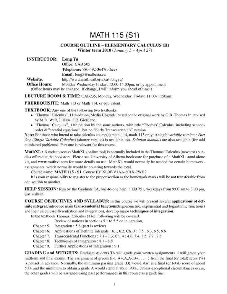 MATH 115 S1 University Of Alberta
