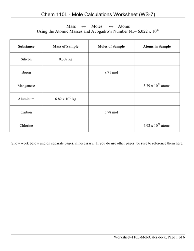 Chem 110L Mole Calculations Worksheet WS 7 Chem 110L Mole Calculations Worksheet WS 7