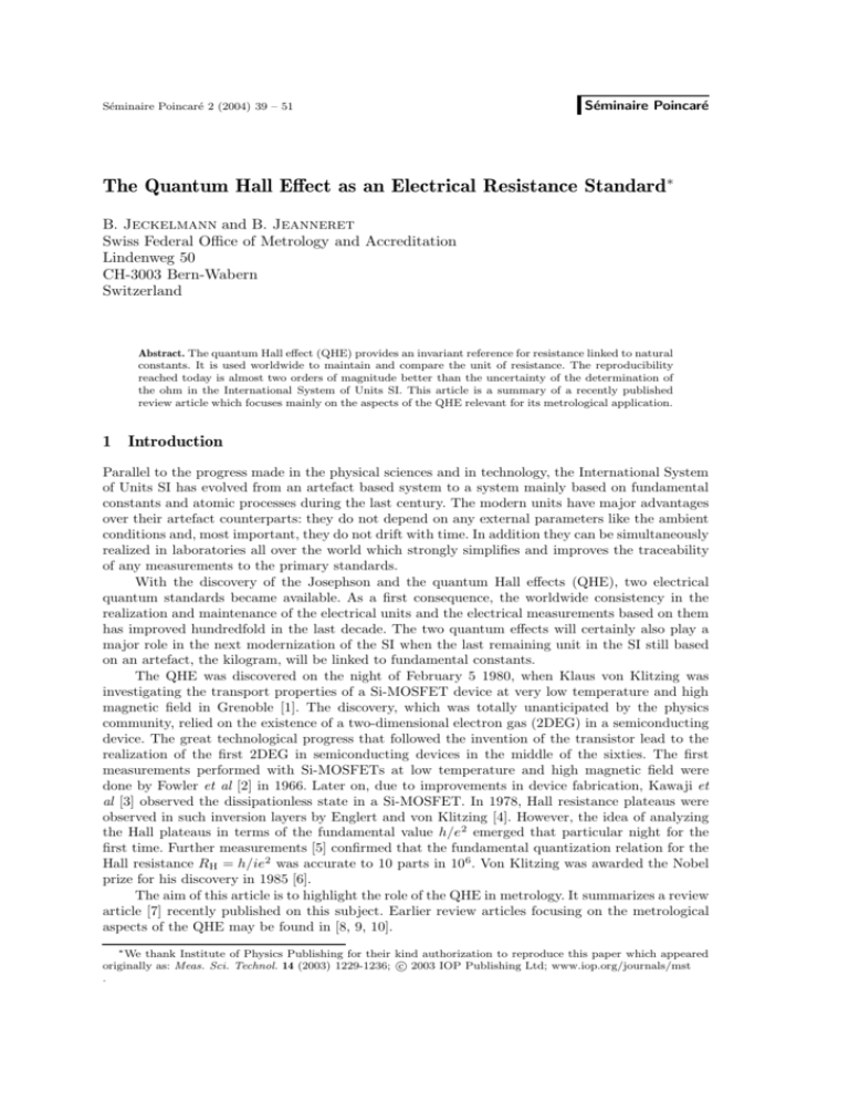 The Quantum Hall Effect as an Electrical Resistance Standard∗