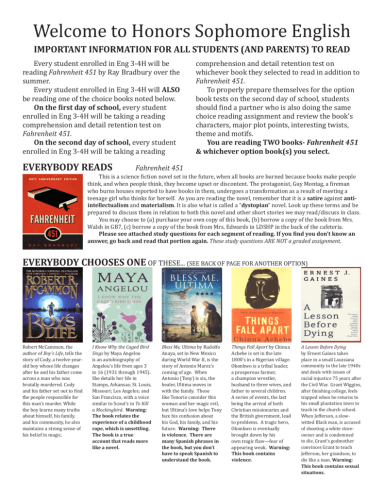 Honors English Sophmore Reading List 2015 Honors English Sophmore Reading List 2015