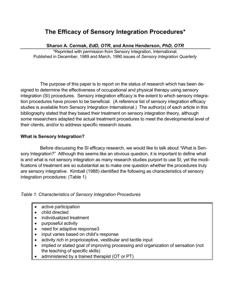 The Efficacy Of Sensory Integration Procedures The Efficacy Of Sensory Integration Procedures