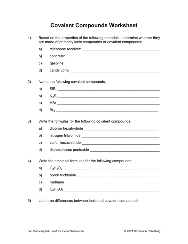 Naming Binary Covalent Compounds Worksheet