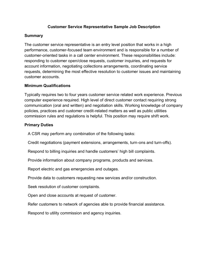 Customer Service Representative Job Description And Duties