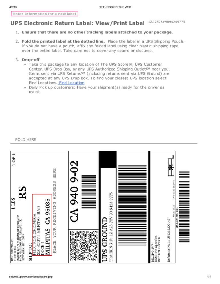 UPS Electronic Return Label View Print Label 1ZA2578V9094249775