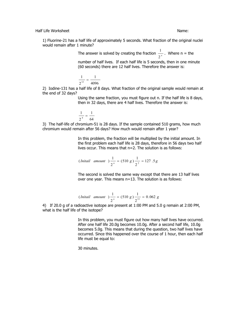 Half Life Worksheet