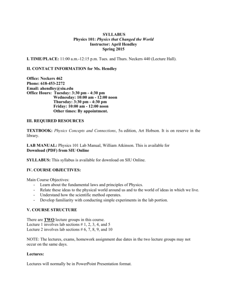 SYLLABUS Physics 101 Physics SIU