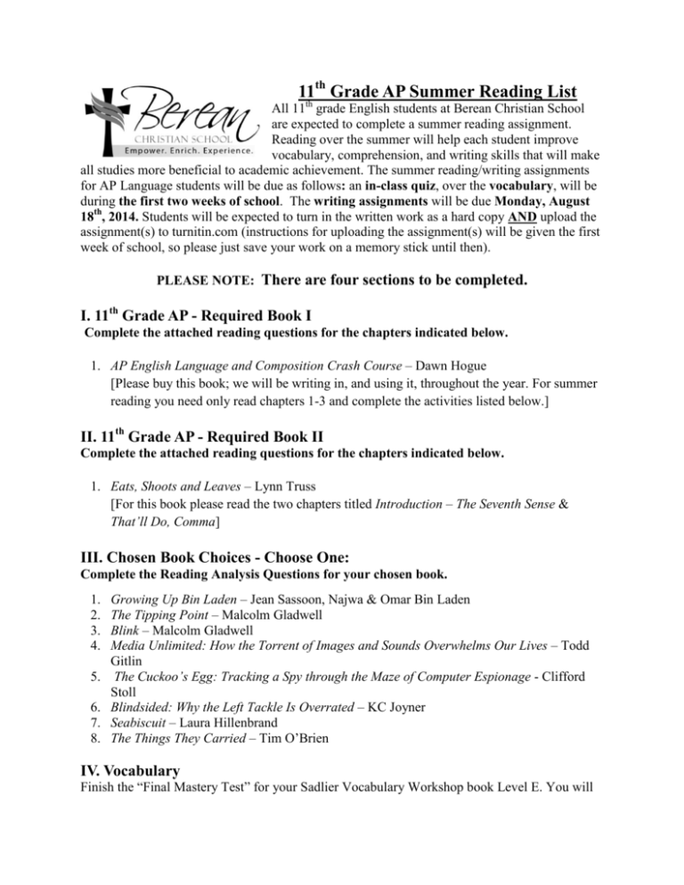 11th Grade AP Summer Reading List 11th Grade AP Summer Reading List