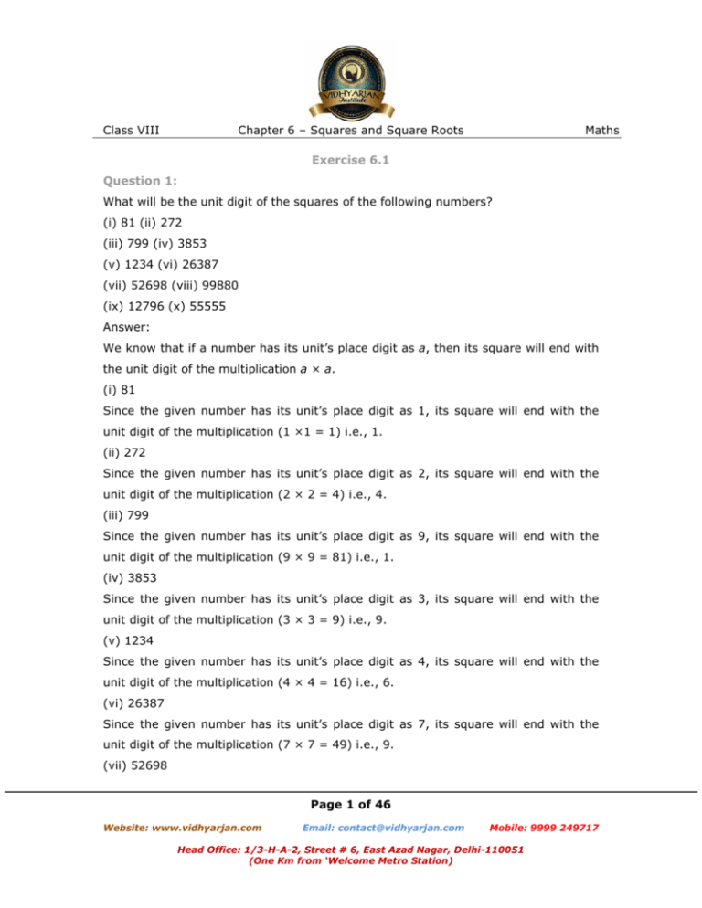 Class VIII Chapter 6 Squares And Square Roots Maths Page 1 Of