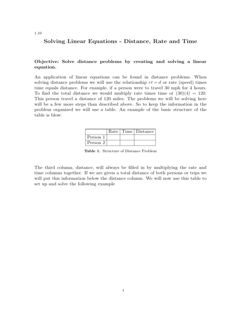 Solving Linear Equations Distance Rate And Time