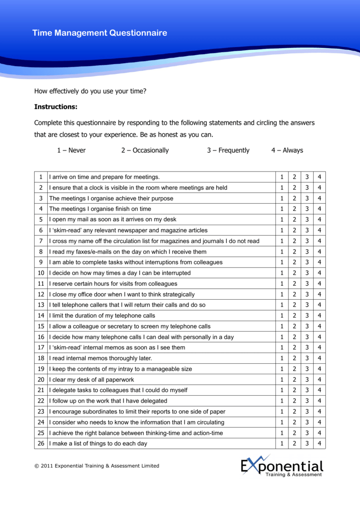 Time Management Questionnaire Time Management Questionnaire