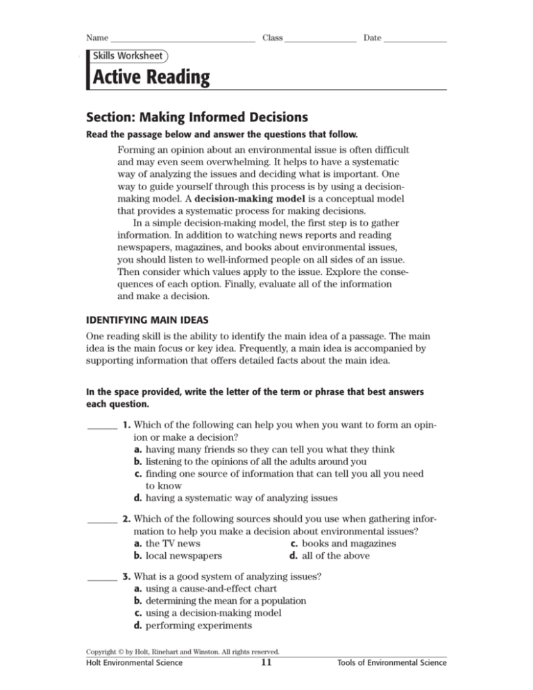 Environmental Decision Making Worksheet Environmental Decision Making Worksheet
