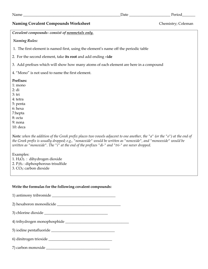 Chemistry Naming Covalent Compounds Worksheet Answers Foto Kolekcija