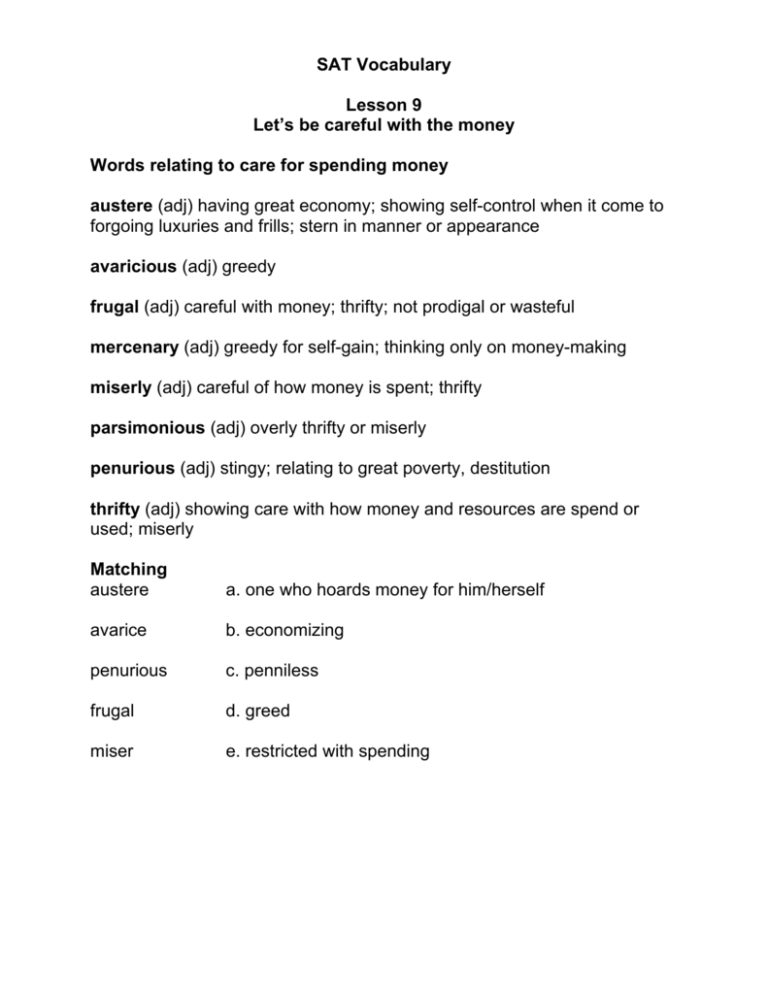 SAT Vocabulary Lesson 9 SAT Vocabulary Lesson 9