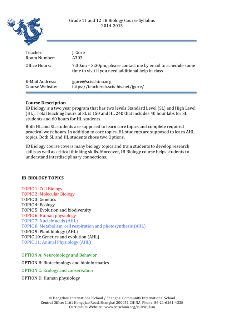 Grade 11 And 12 IB Biology Course Syllabus 2014
