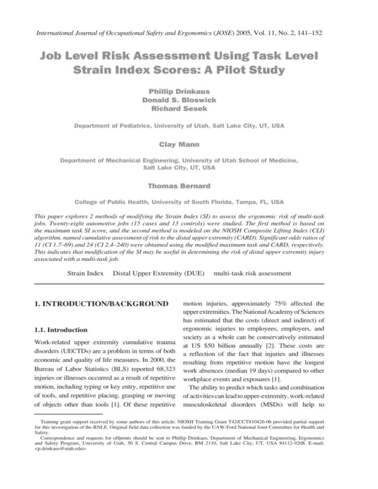 Job Level Risk Assessment Using Task Level Strain Index Scores: A