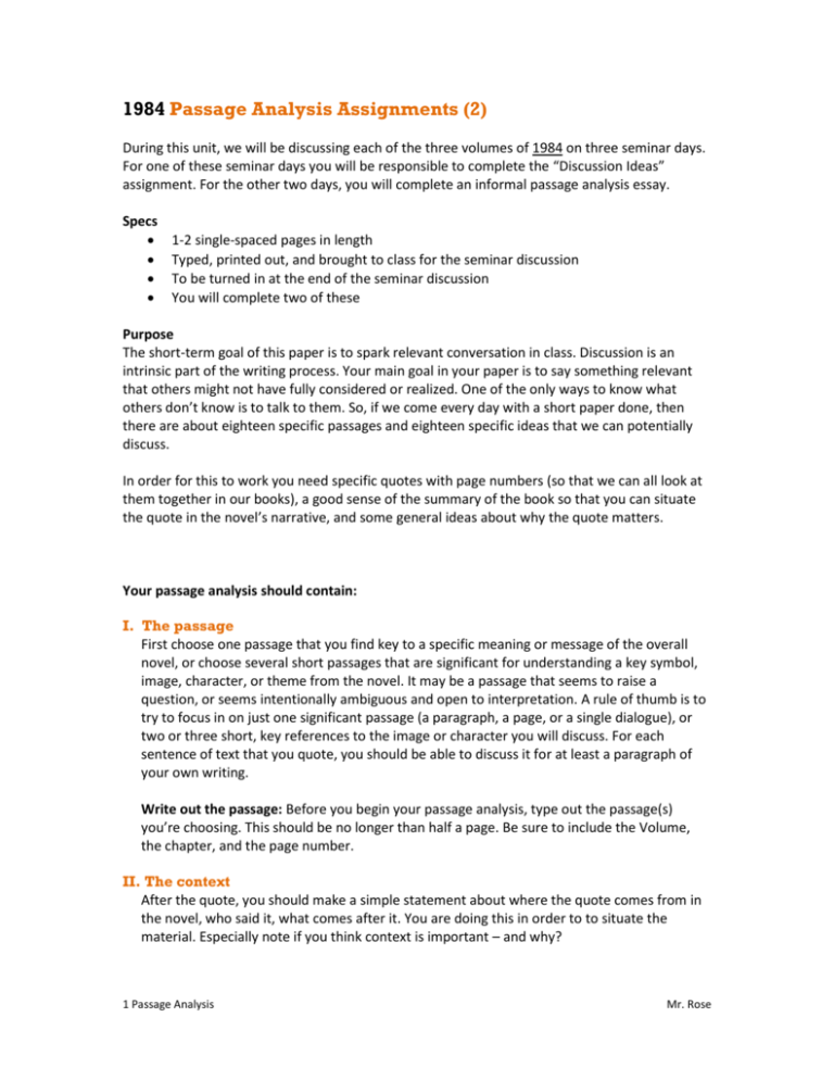 1984 Passage Analysis Assignments