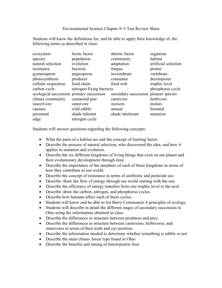 Environmental Science Chapter 4 5 Test Review Sheet Environmental Science Chapter 4 5 Test Review Sheet