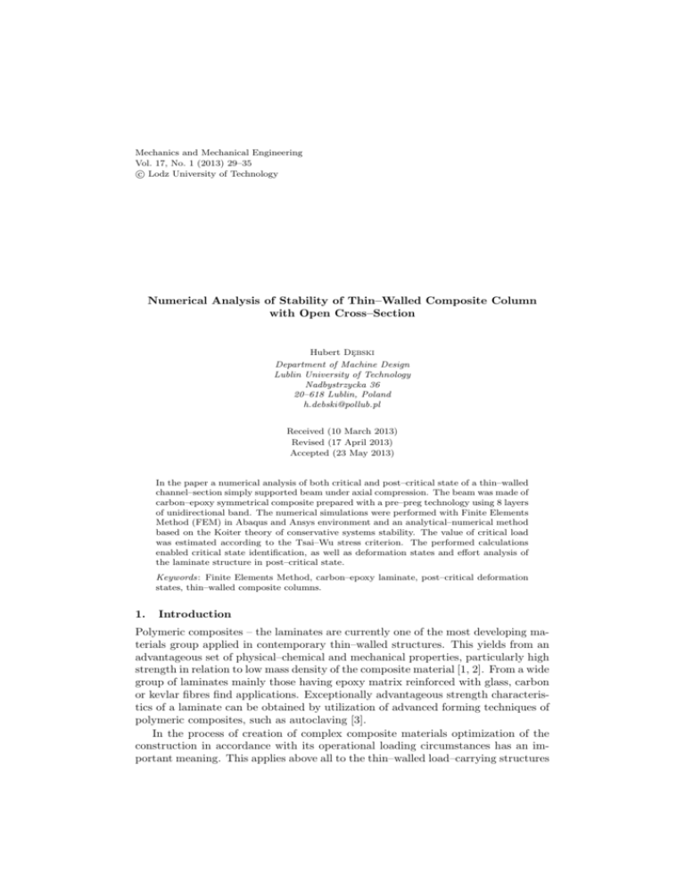 Numerical Analysis of Stability of Thin–Walled Composite Column